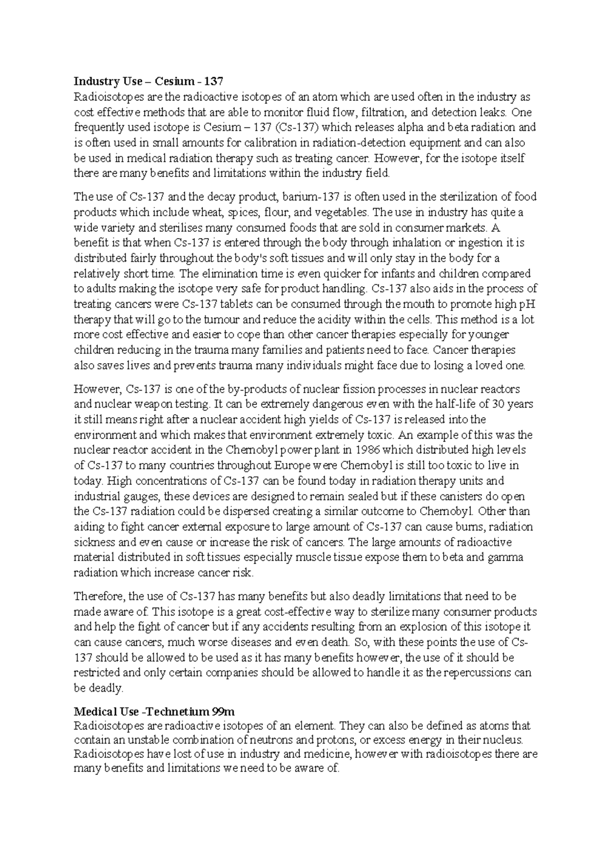 Uses of Radioisotopes in Industry and Medicine: Cs137 & 99m Insights ...