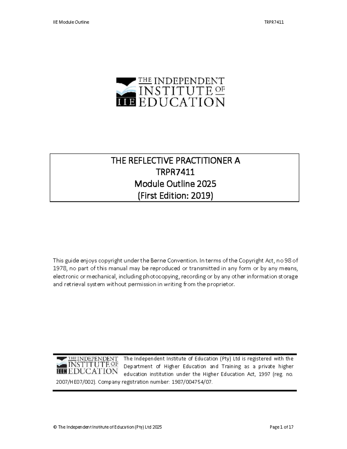 IIE Module Outline TRPR7411: The Reflective Practitioner (2025 Edition ...