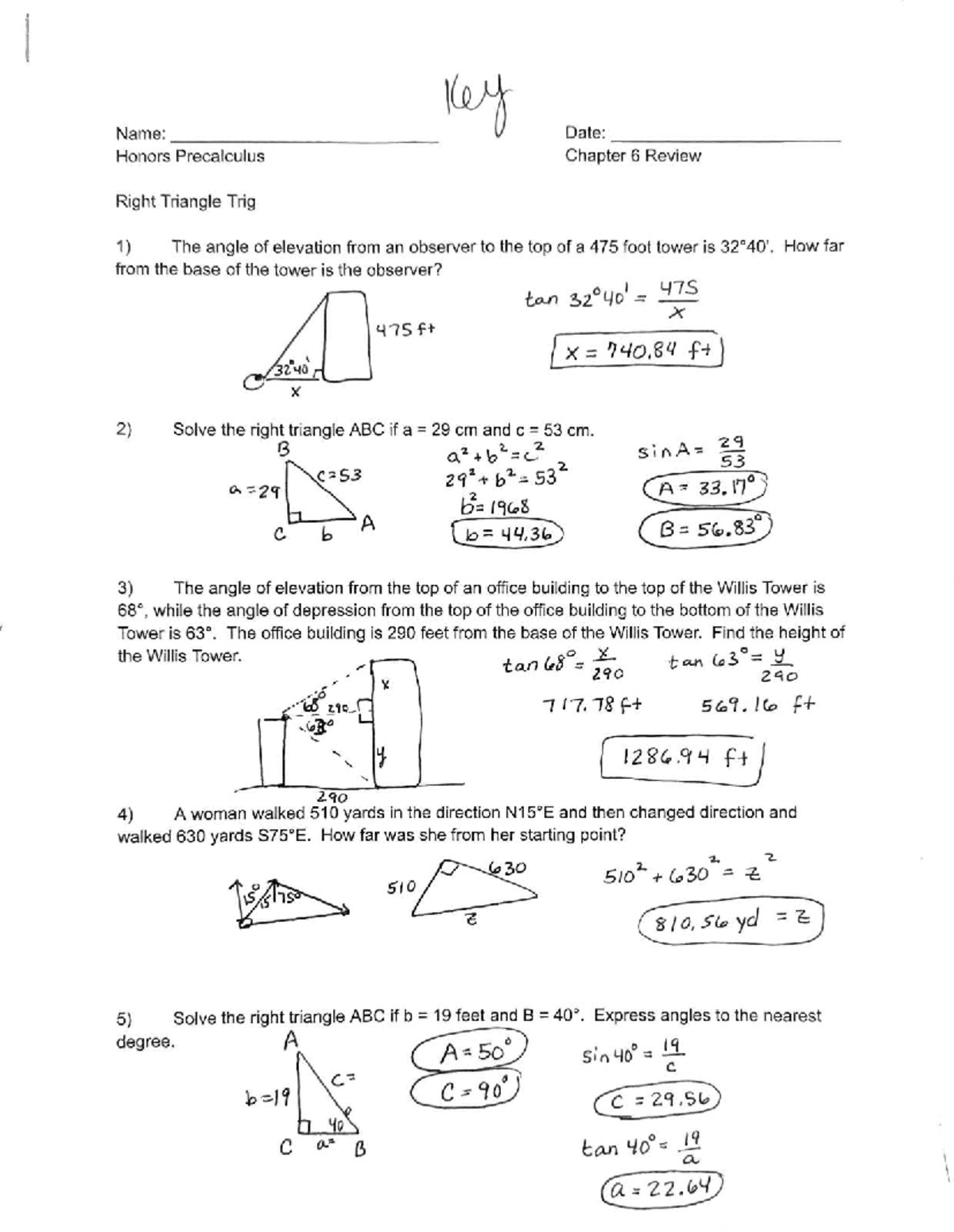 Honors Precalculus (Ufi) Chapter 6 Review: Right Triangle Trig ...