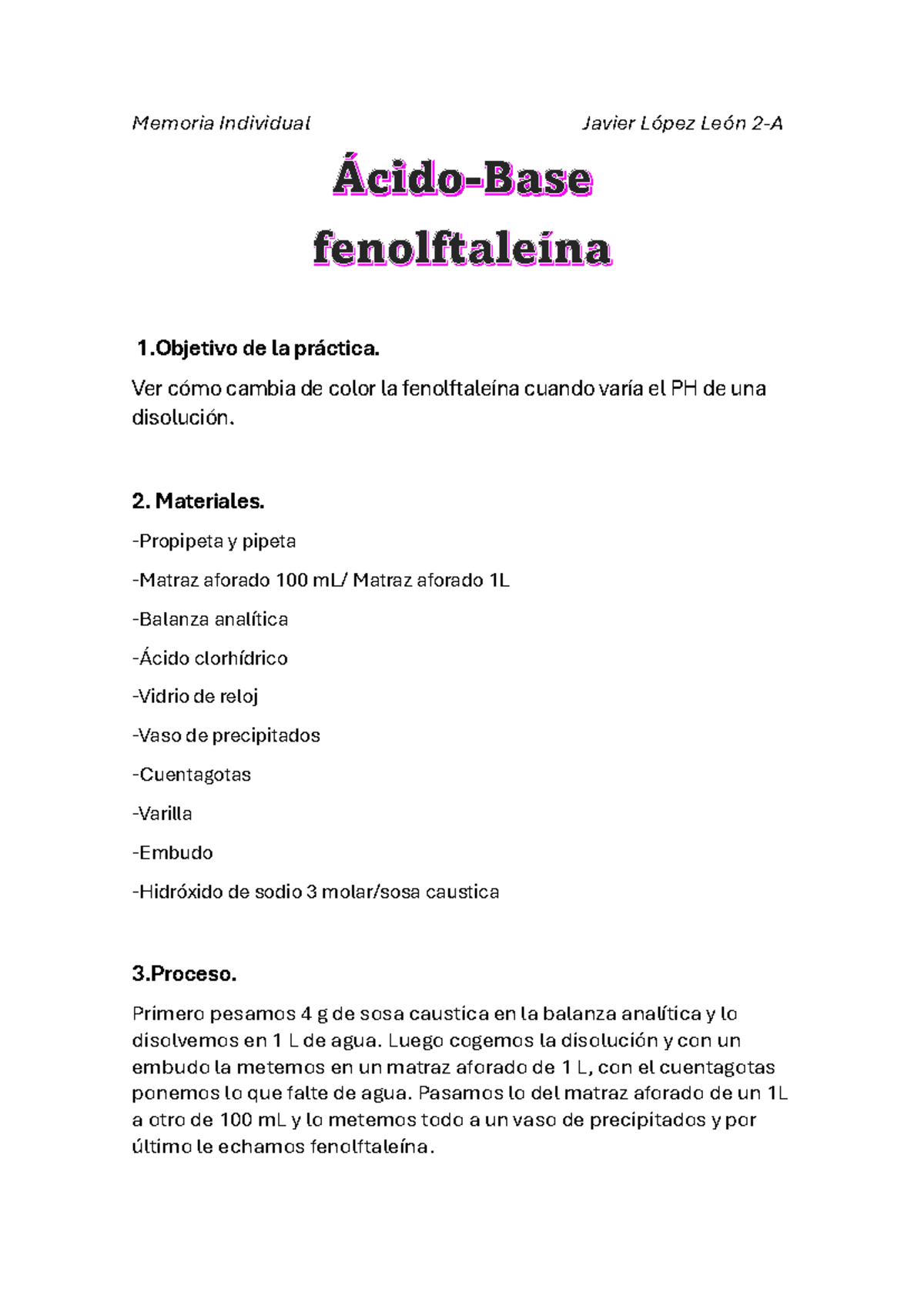 Memoria Individual: Cambios de Color de Fenolftaleína en Soluciones ...
