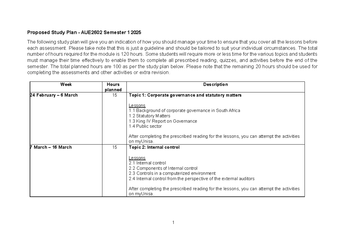 Proposed Study Plan AUE2602 S1 2025 - 1 Proposed Study Plan - AUE2602 ...