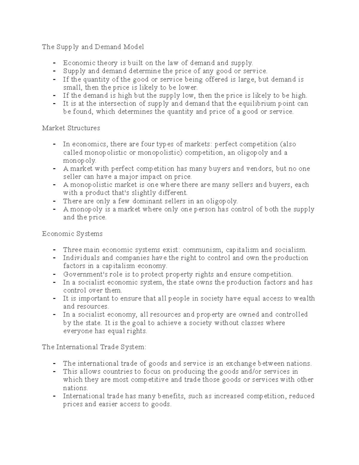 Economy Notes 1 - Supply, Demand, Market Structures & Trade Issues ...