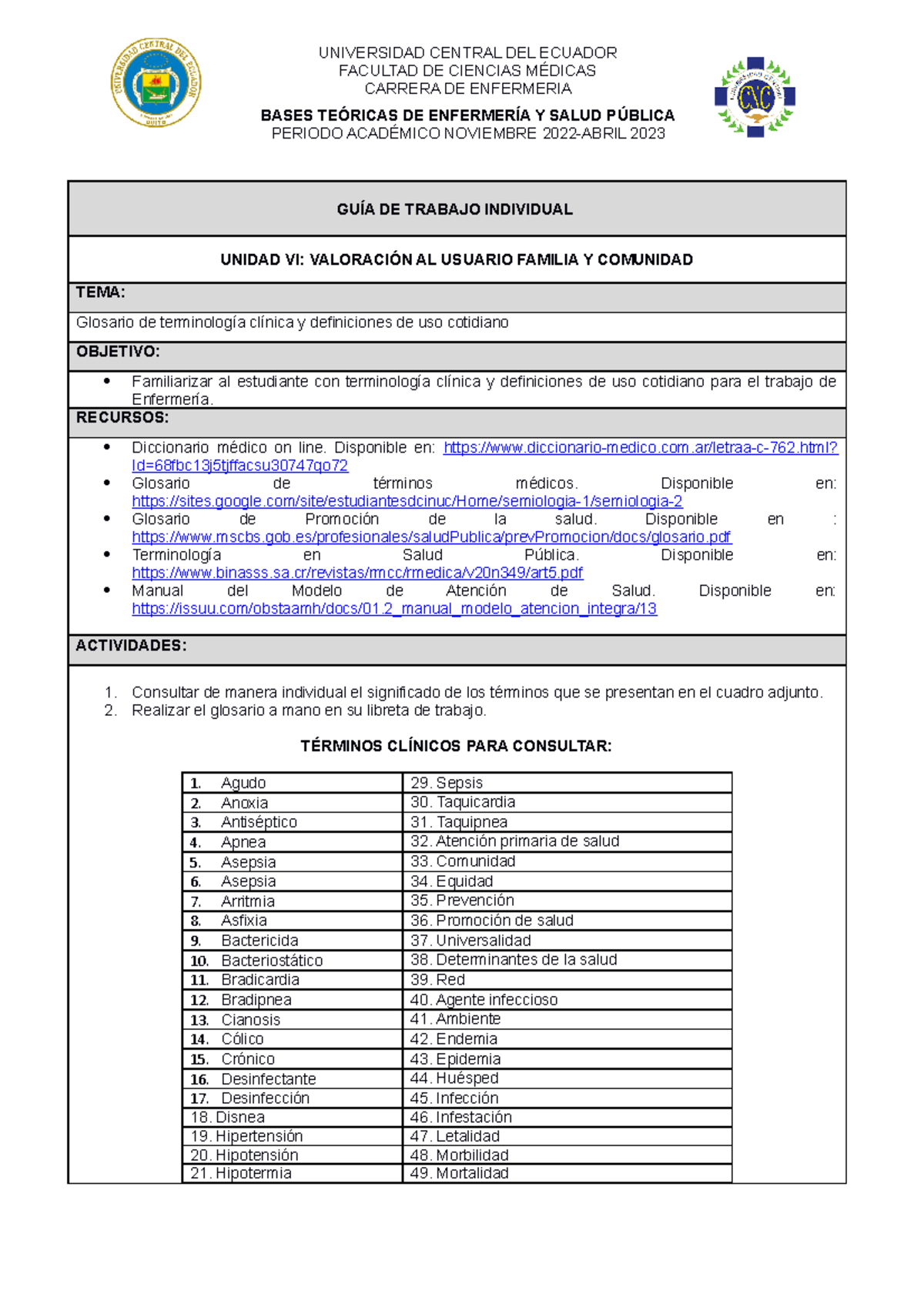 Glosario de Términos Clínicos para Enfermería - Unidad VI - Studocu