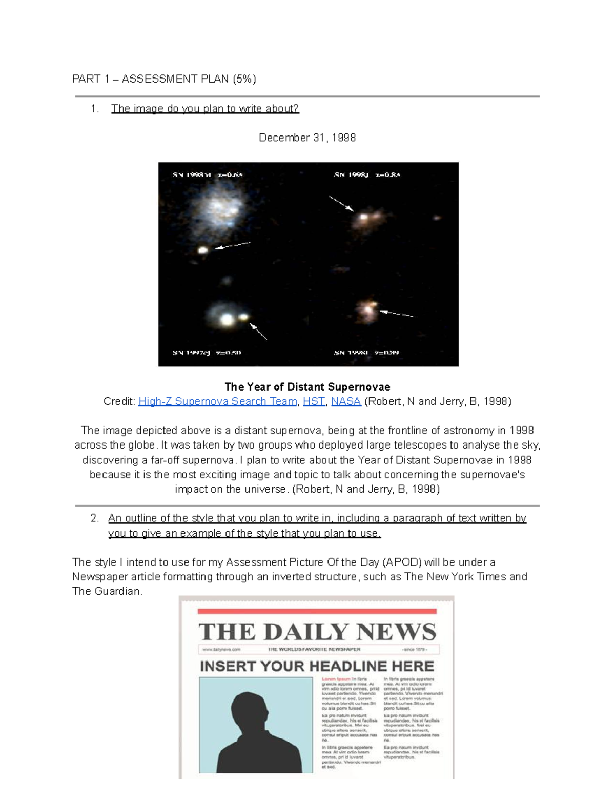 HD Introduction to Astronomy: Assessment Plan on Supernovae - Studocu