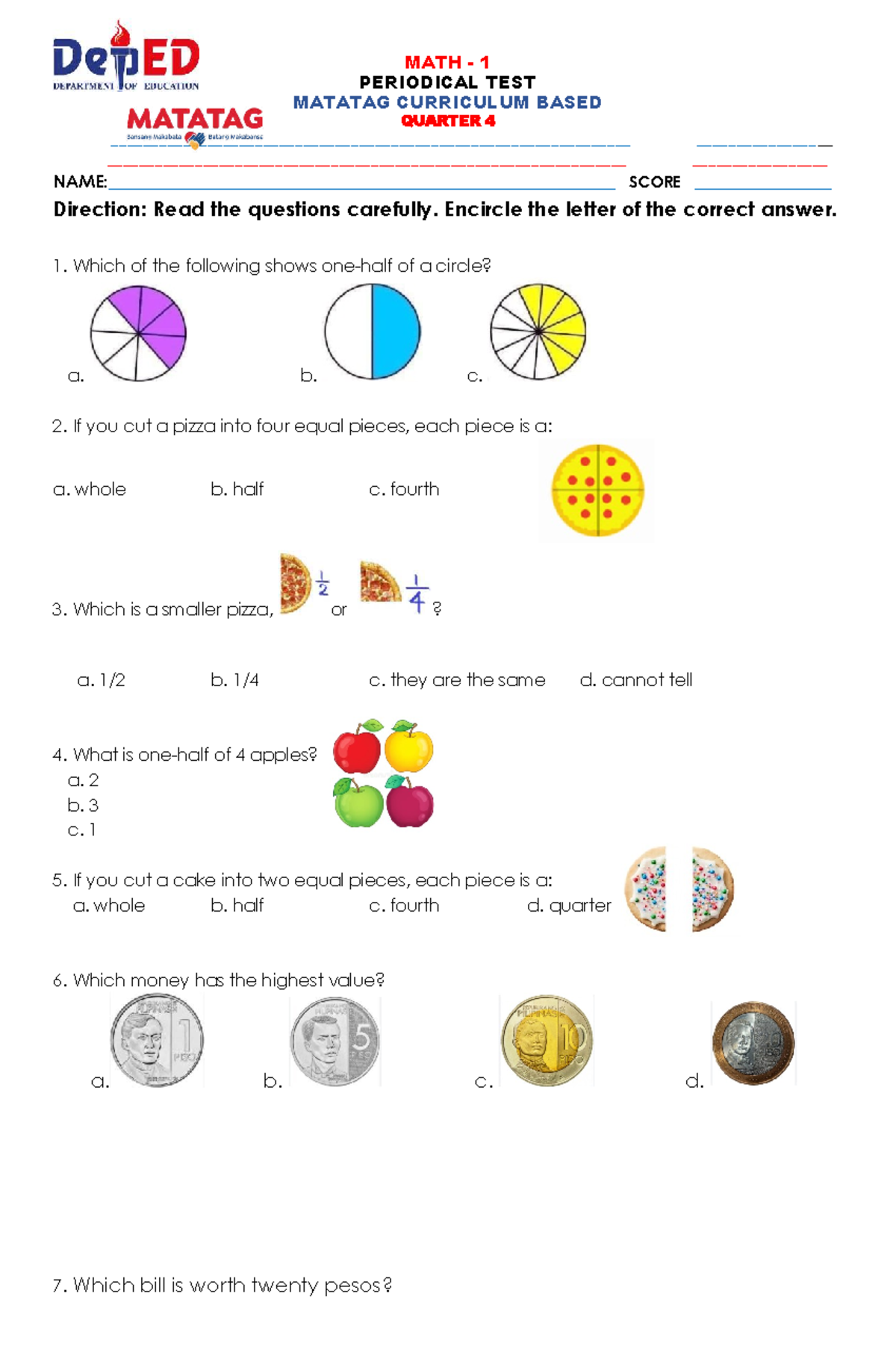 MATH 1 PERIODICAL TEST Q4: MATATAG CURRICULUM ASSESSMENT - Studocu