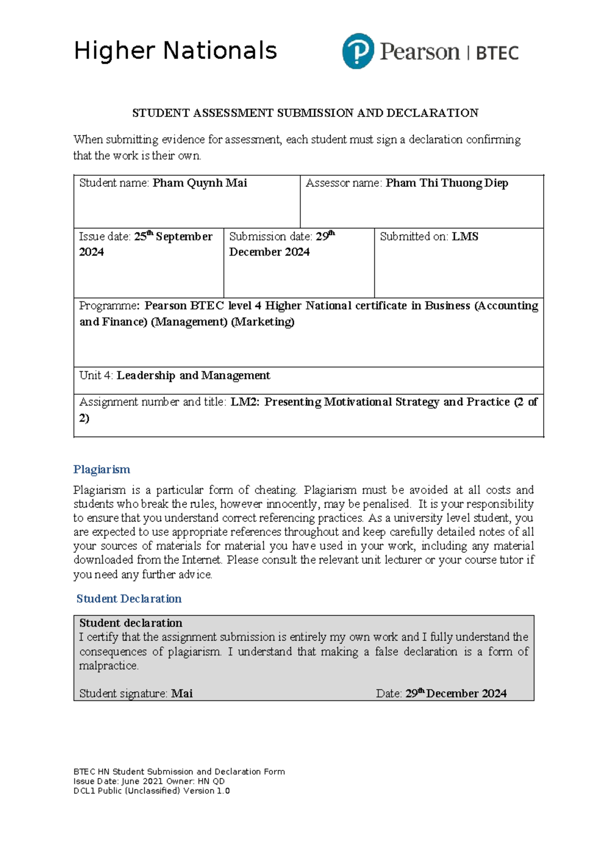 BTEC HN Assignment Declaration Form for LM2: Motivational Strategy - Studocu