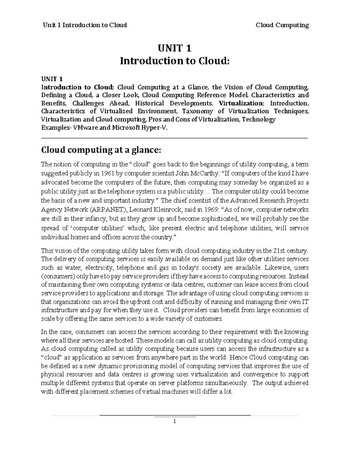 Unit 1: Introduction to Cloud Computing - Overview and Key Concepts - Studocu