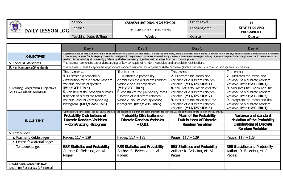 Statistics and Probability Week 2 Daily Lesson Log (M11/12 SP) - Studocu