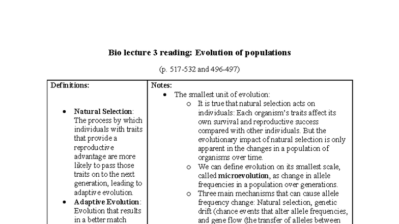 Bio 101 Lecture 3 Notes: Evolution of Populations and Natural Selection ...
