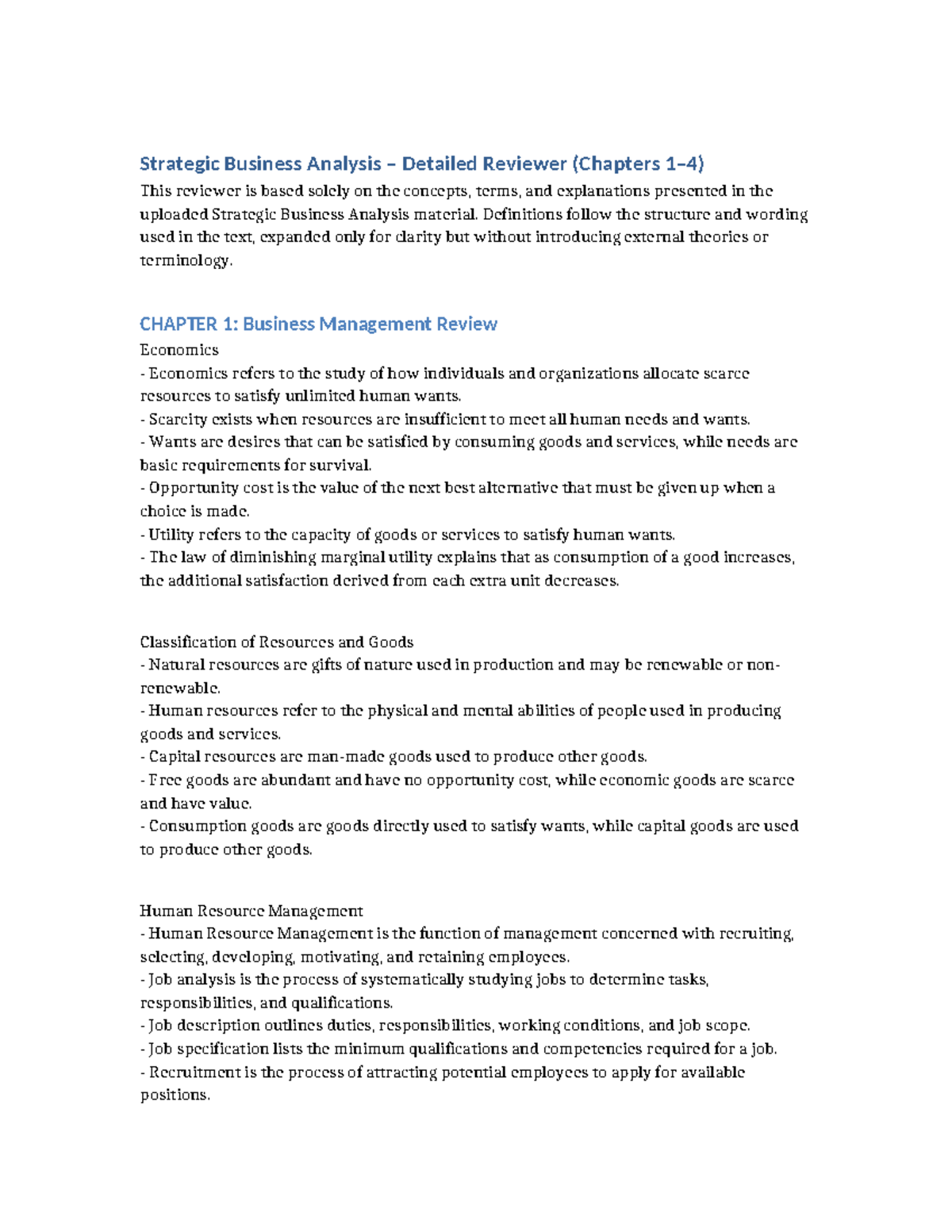 Strategic Business Analysis Detailed Reviewer (Chapters 1-4) - Studocu