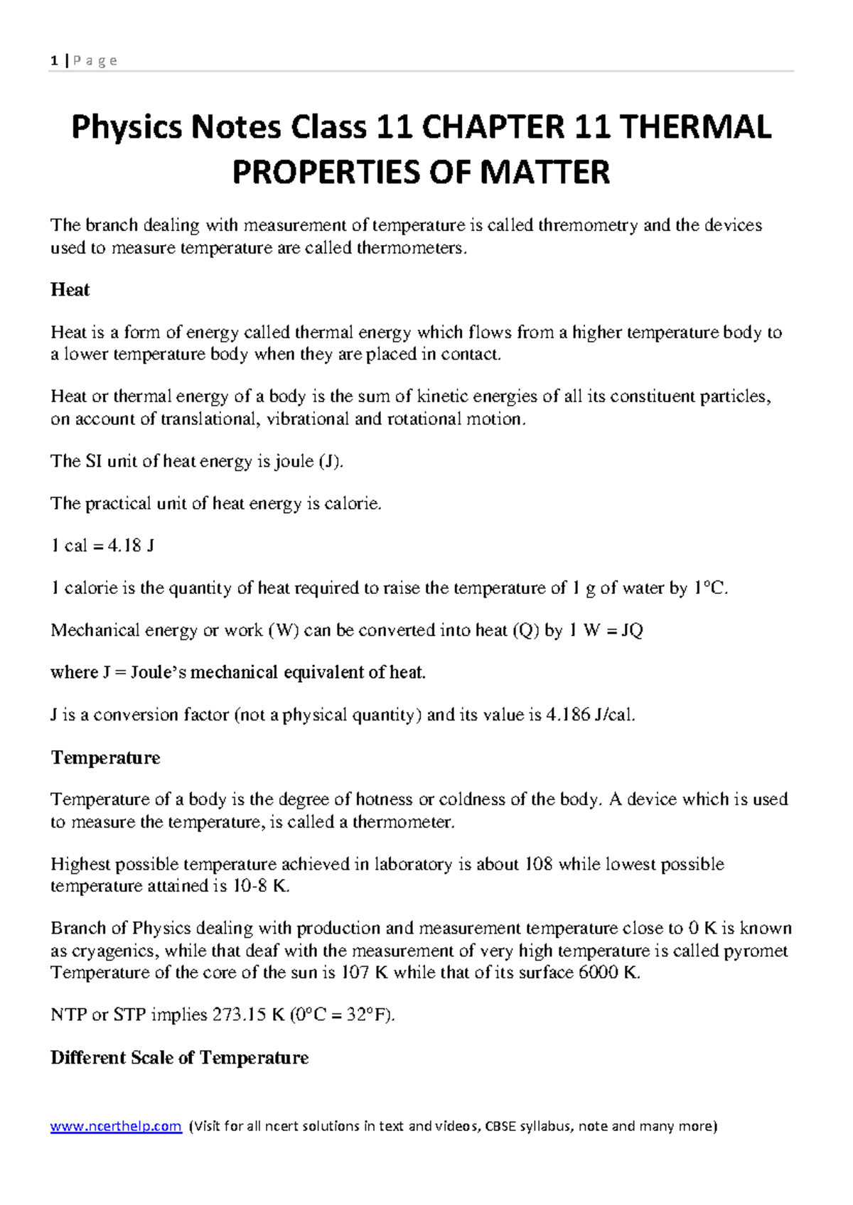 Physics Class 11 Notes: Chapter 11 Thermal Properties of Matter - Studocu