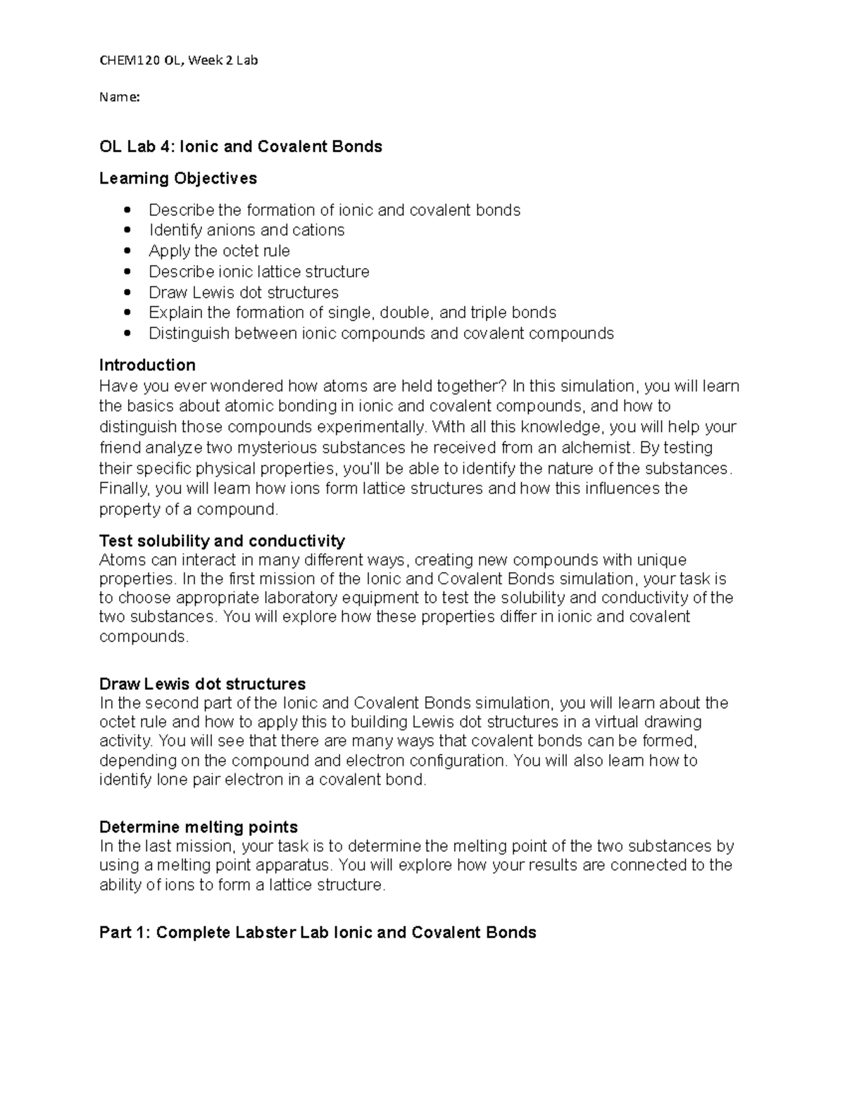 CHEM120 OL Lab 4: Exploring Ionic and Covalent Bonds Basics - Studocu