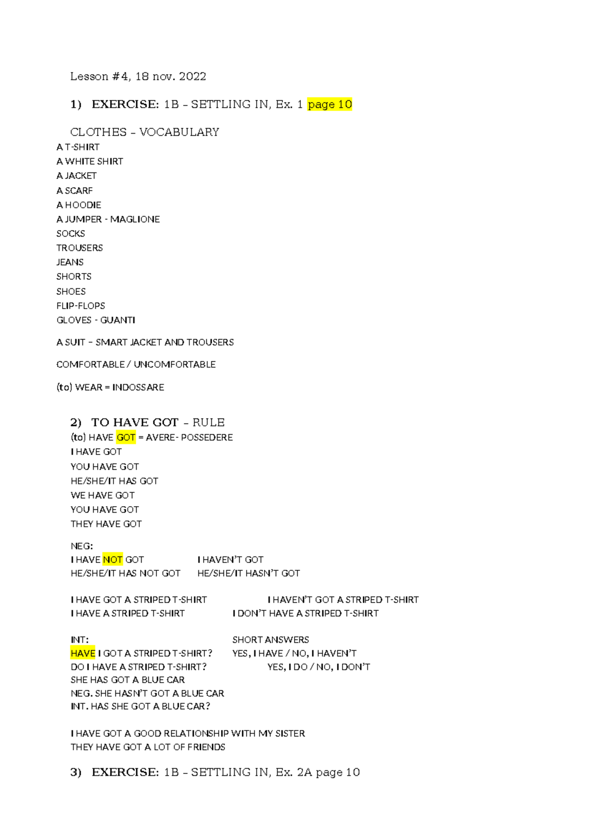 Ing 4 - Lesson Notes for 4th Class on Clothes & Vocabulary - Studocu