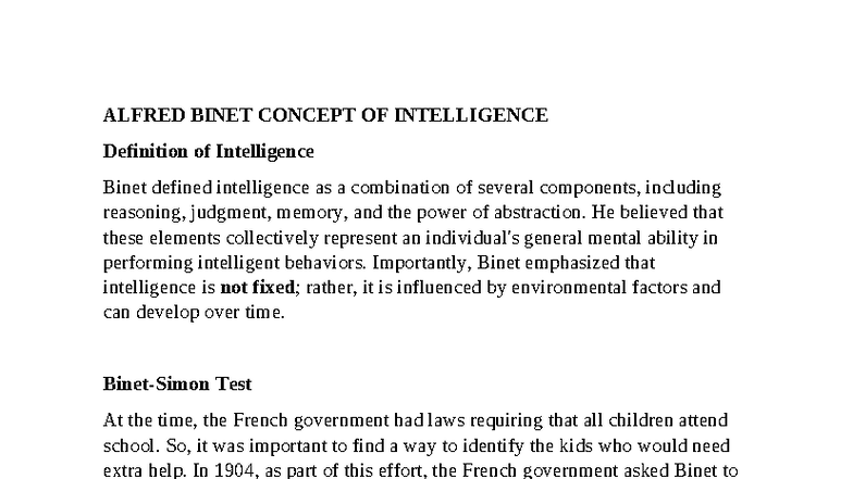COncept of intelligence - ALFRED BINET CONCEPT OF INTELLIGENCE ...