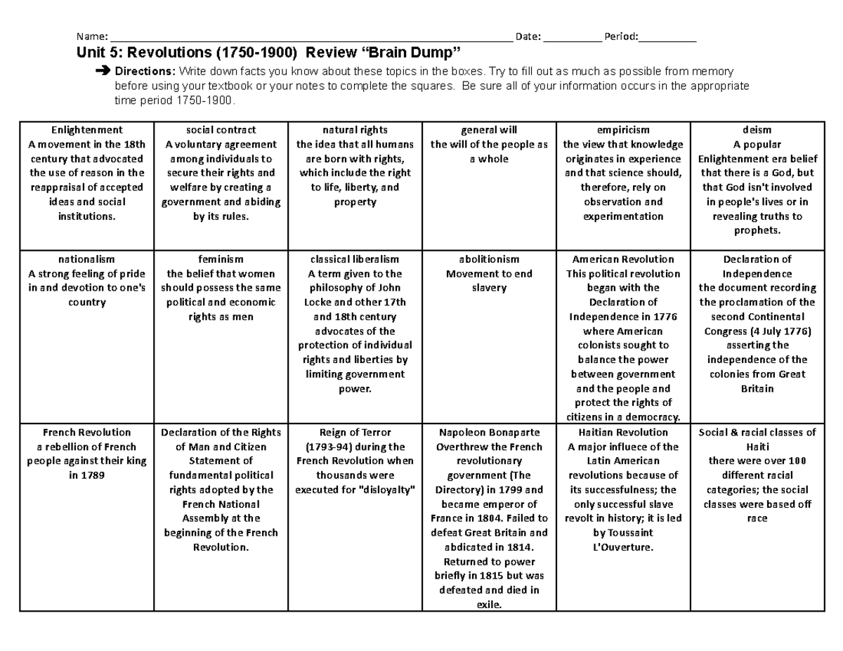 Ramses Rodriguez Reyes - Unit 5 Revolutions Brain Dump - Name: - Studocu