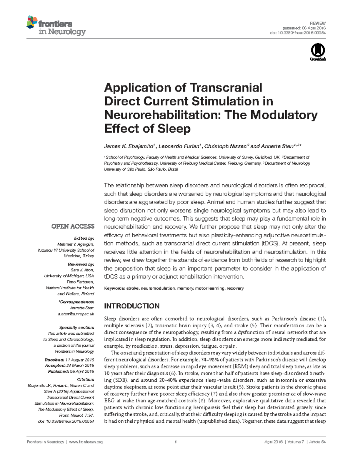 FNEUR 07: The Role of Sleep in tDCS for Stroke Neurorehabilitation ...