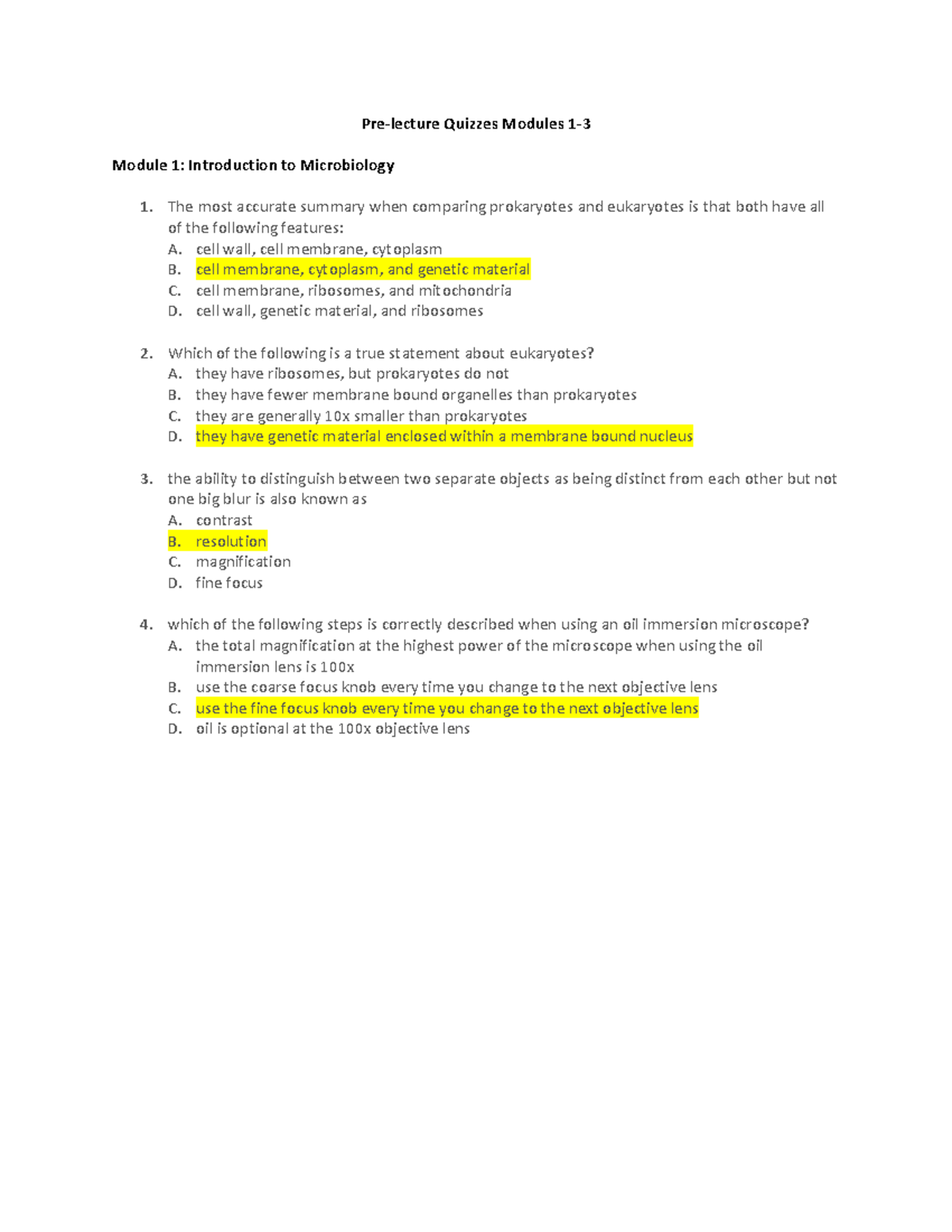 Pre-Lecture Quiz Review: Microbiology Modules 1-3 Answers - Studocu