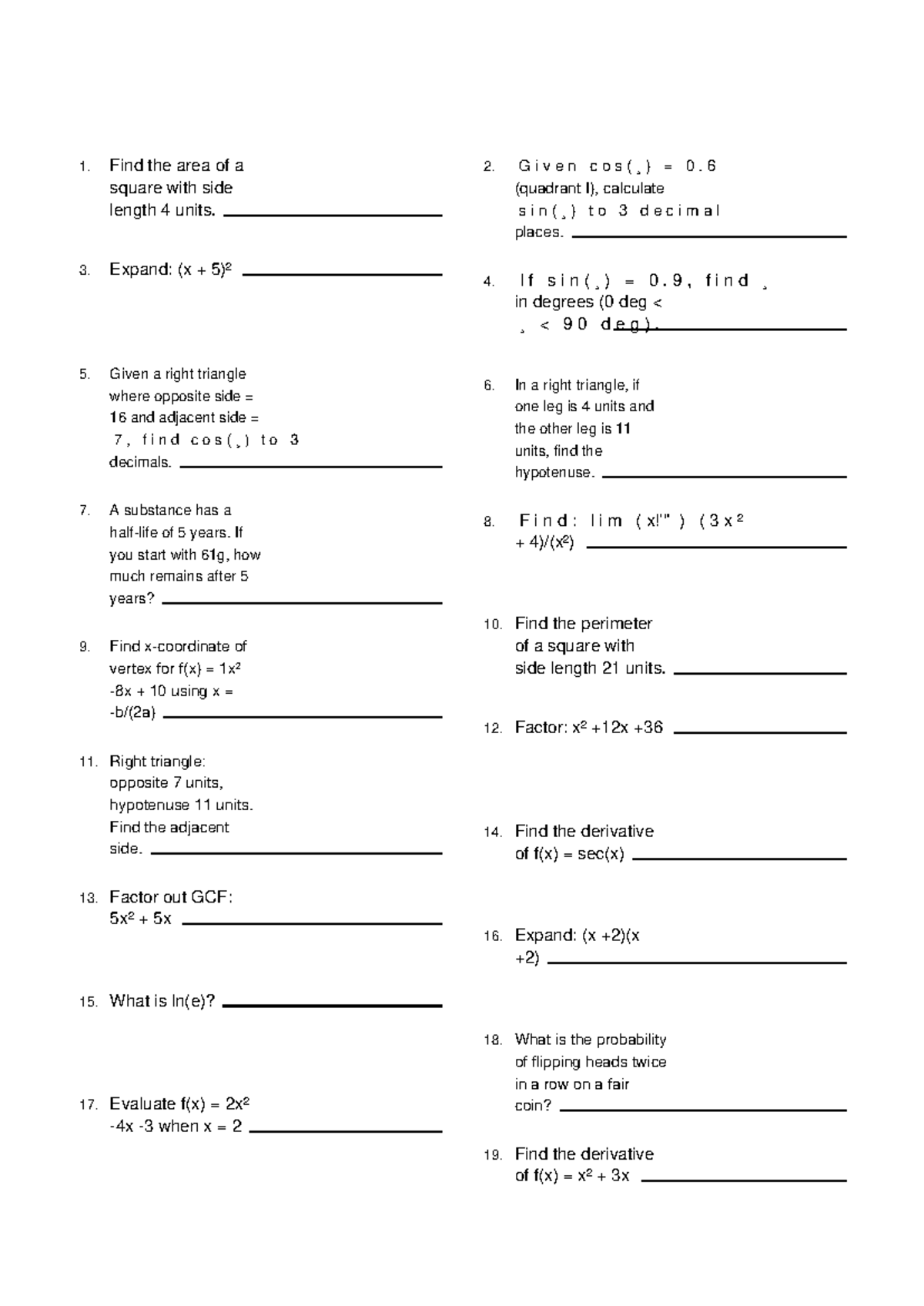 Math 101: Problem Set on Geometry and Calculus Concepts - Studocu
