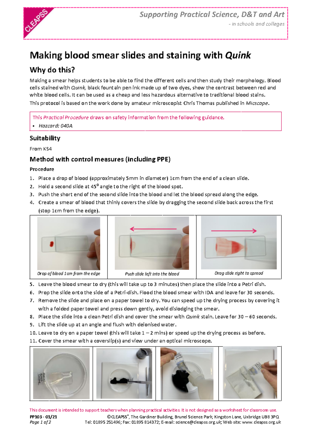 PP103 Practical Guide: Making Blood Smears with Quink Stain - Studocu