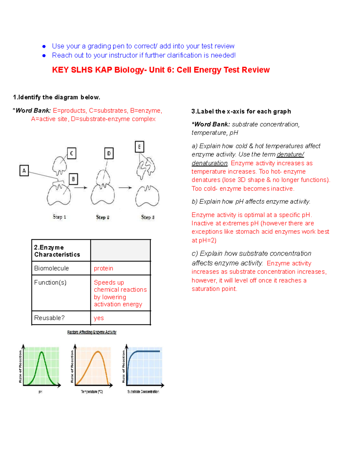KEY SLHS KAP Unit 6: Cell Energy Test Review Notes - Studocu