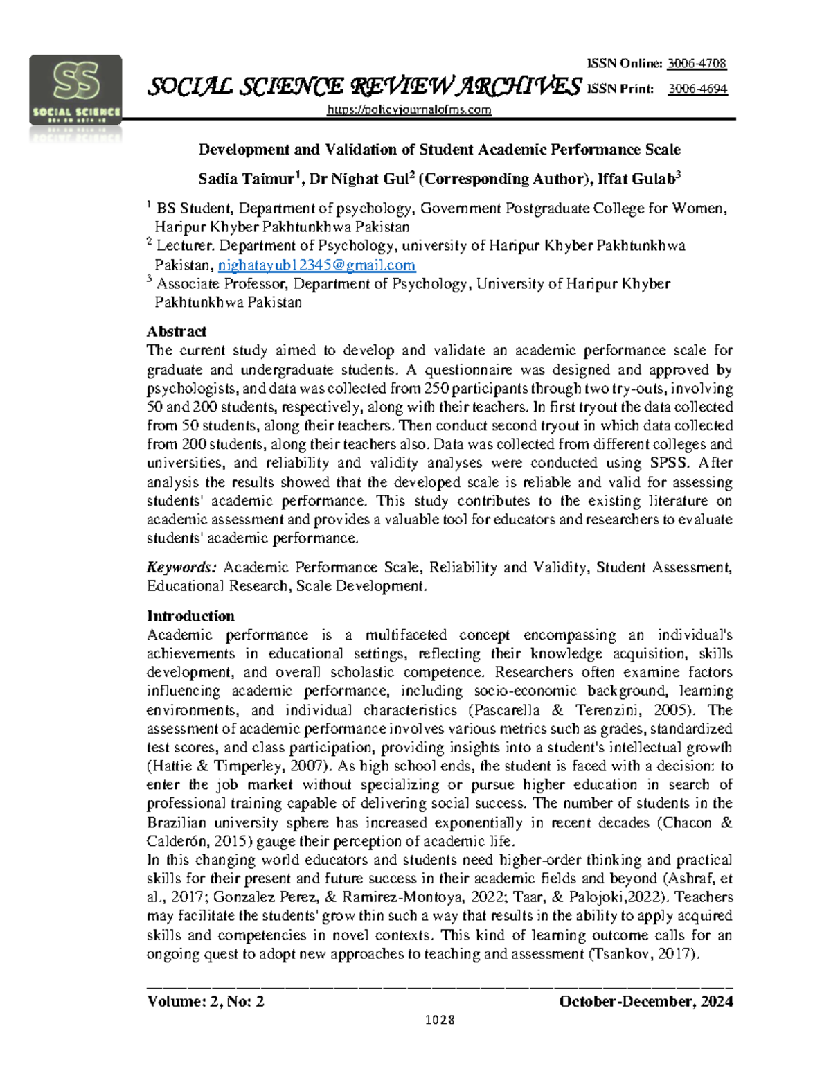 Development and Validation of Student Academic Performance Scale (PSY ...