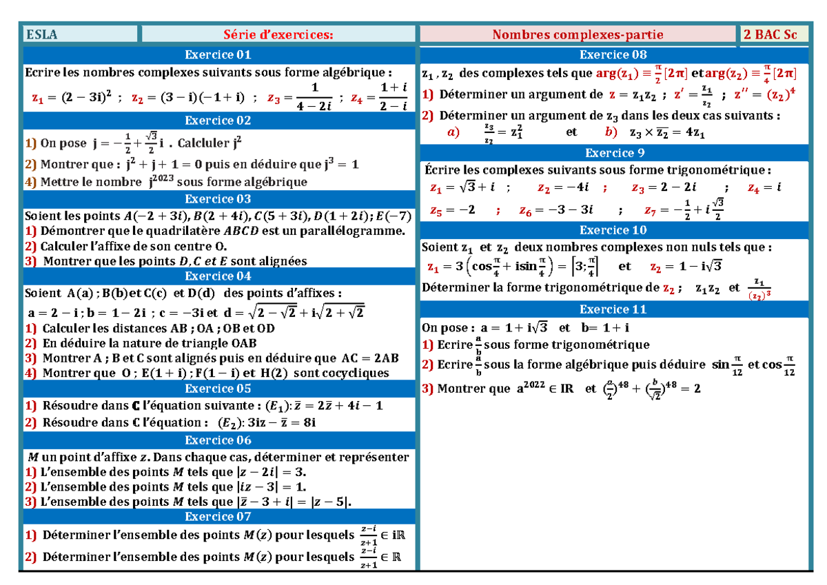 Série Complexe partie I bac Sc - ESLA Série d’exercices: Nombres ...