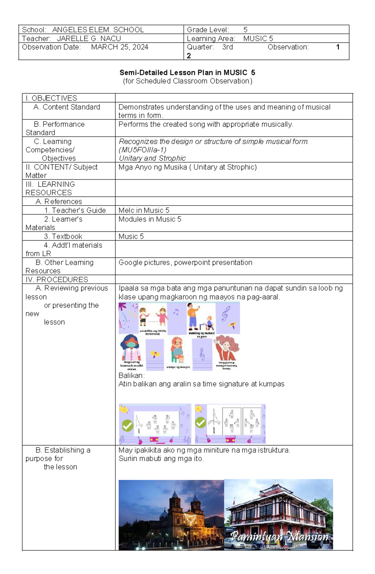 COT DLP in MUSIC 5: Unitary and Strophic Forms Lesson Plan - Studocu