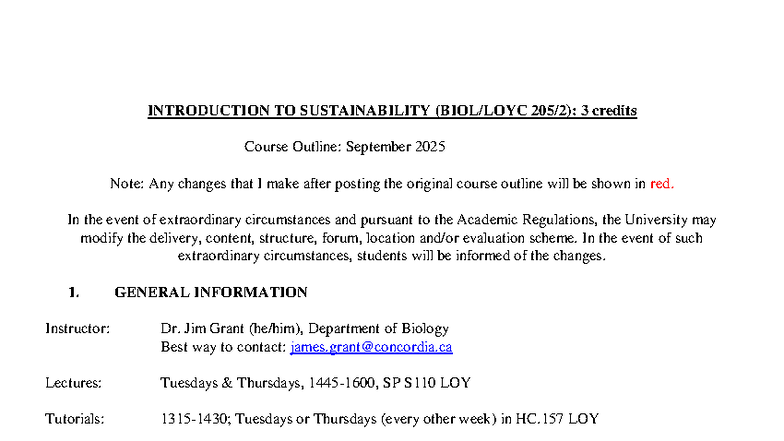 BIOL 205: Introduction to Sustainability Course Outline - Fall 2025 ...
