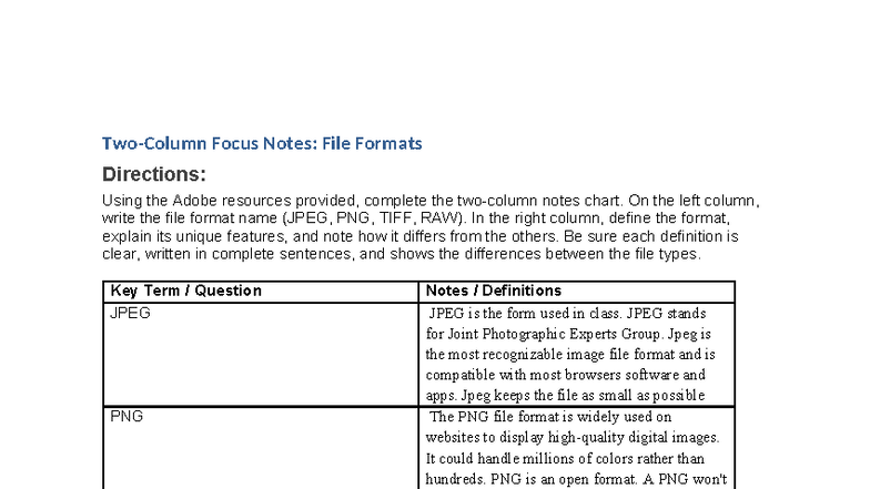 File Formats Overview: Two-Column Notes on JPEG, PNG, TIFF, RAW - Studocu