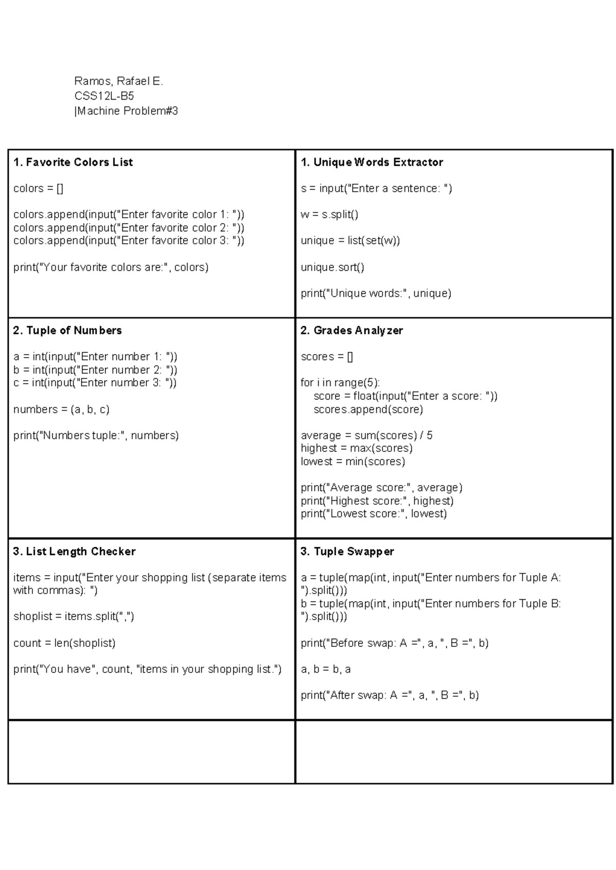 Machine Problem #3: Color List, Grades, and List Operations - Studocu