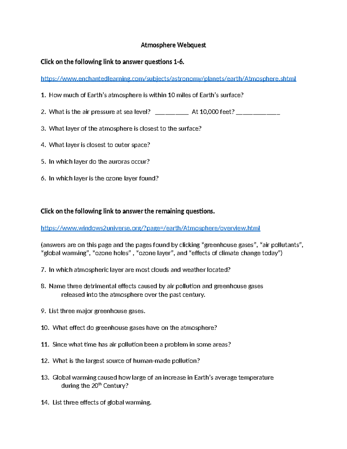 Atmosphere Webquest: Key Questions and Answers - Studocu