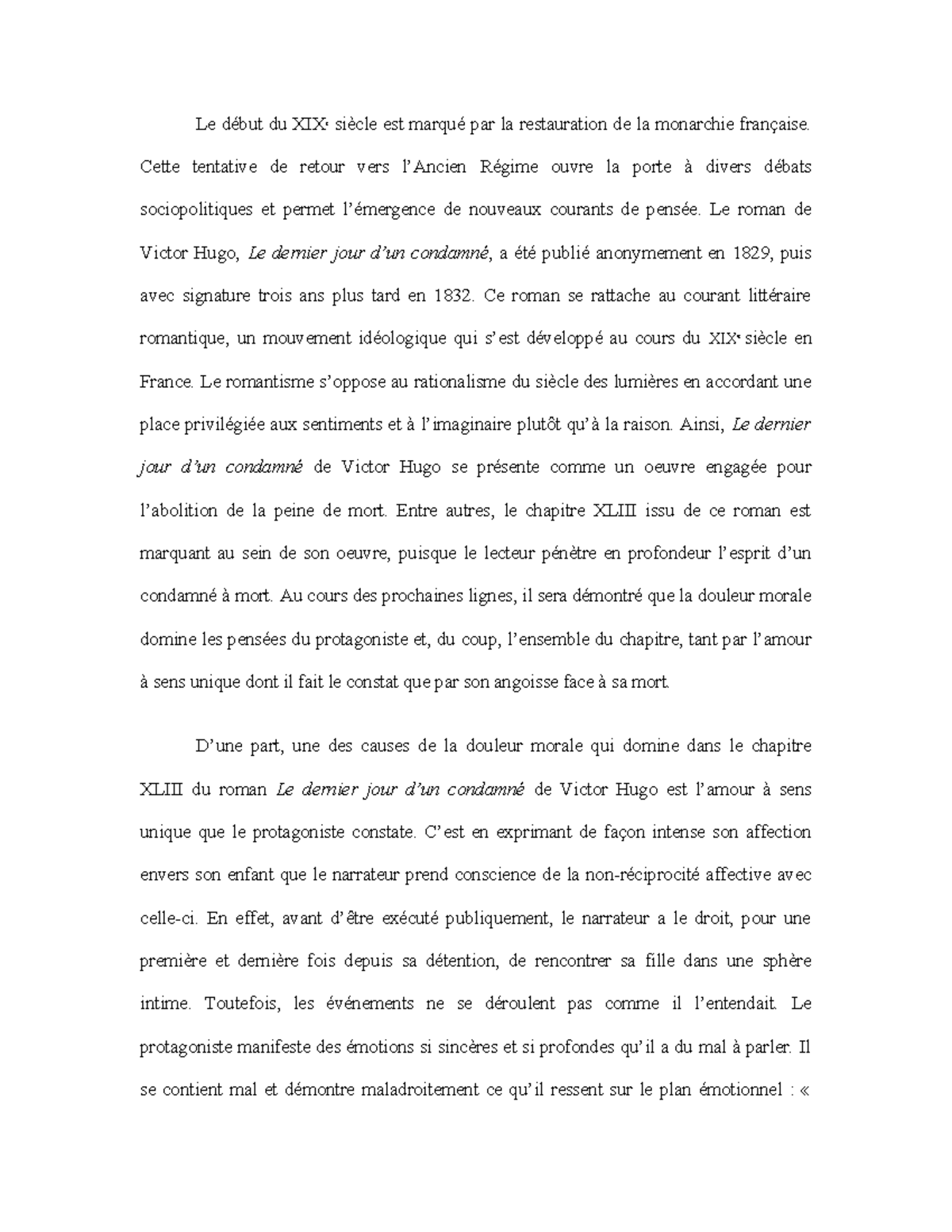Analyse du Chapitre du Roman "Le Dernier Jour Condamné" de Hugo - Studocu