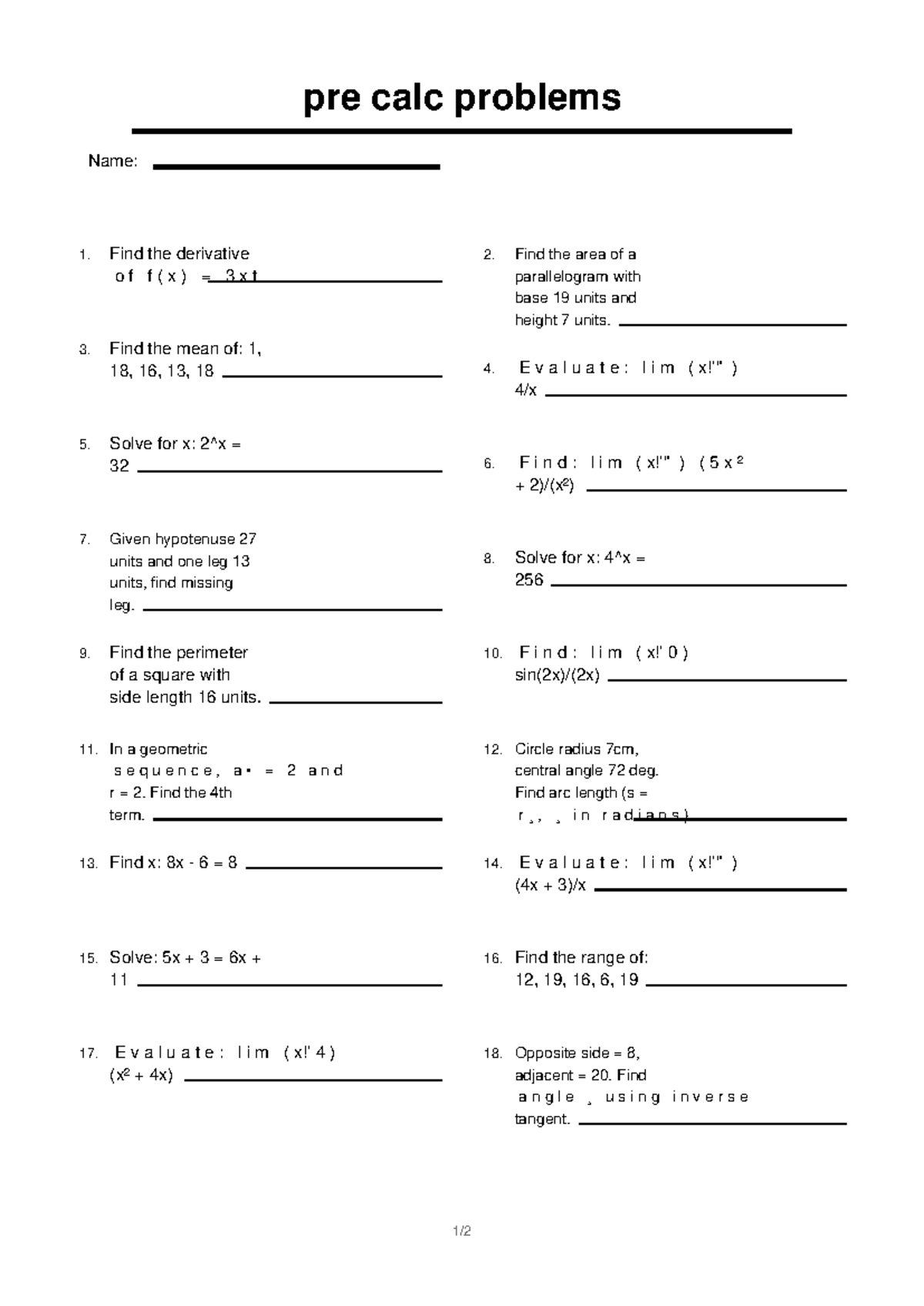 Pre Calc Problems: Derivatives, Limits, and Area Calculations - Studocu
