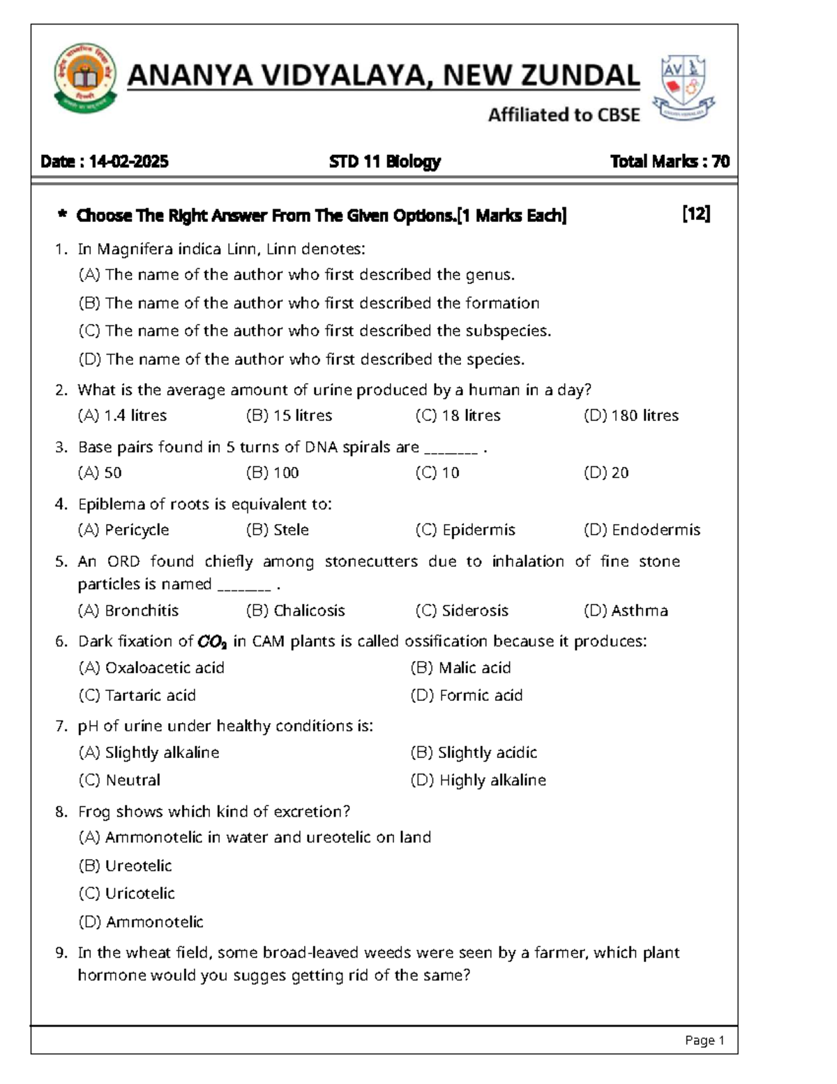 STD 11 Biology Quiz: Multiple Choice Questions & Answers - Studocu