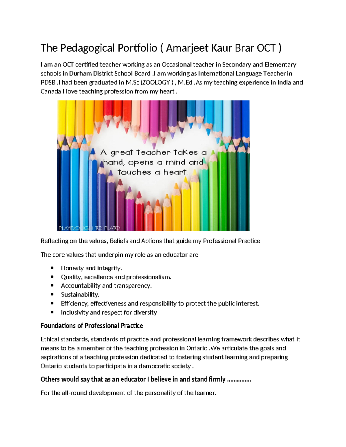 Pedagogical Portfolio: Reflections on Professional Practice and Ethics ...