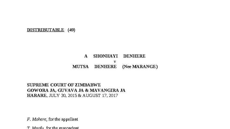 Denhere v Denhere (nee Marange) - Civil Appeal SC 664/2014 Judgment ...