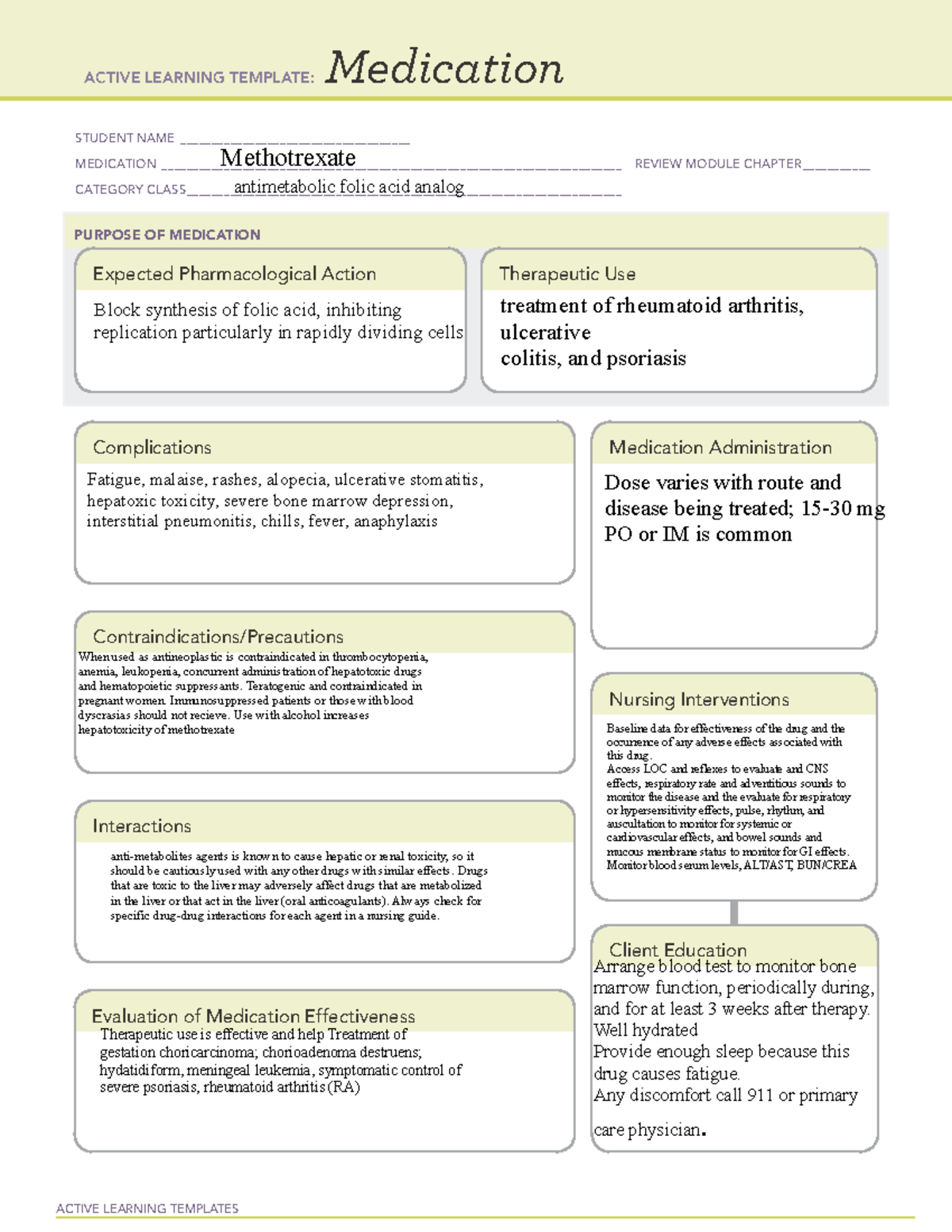 ATI Medication Template 2: Methotrexate Active Learning Review - Studocu