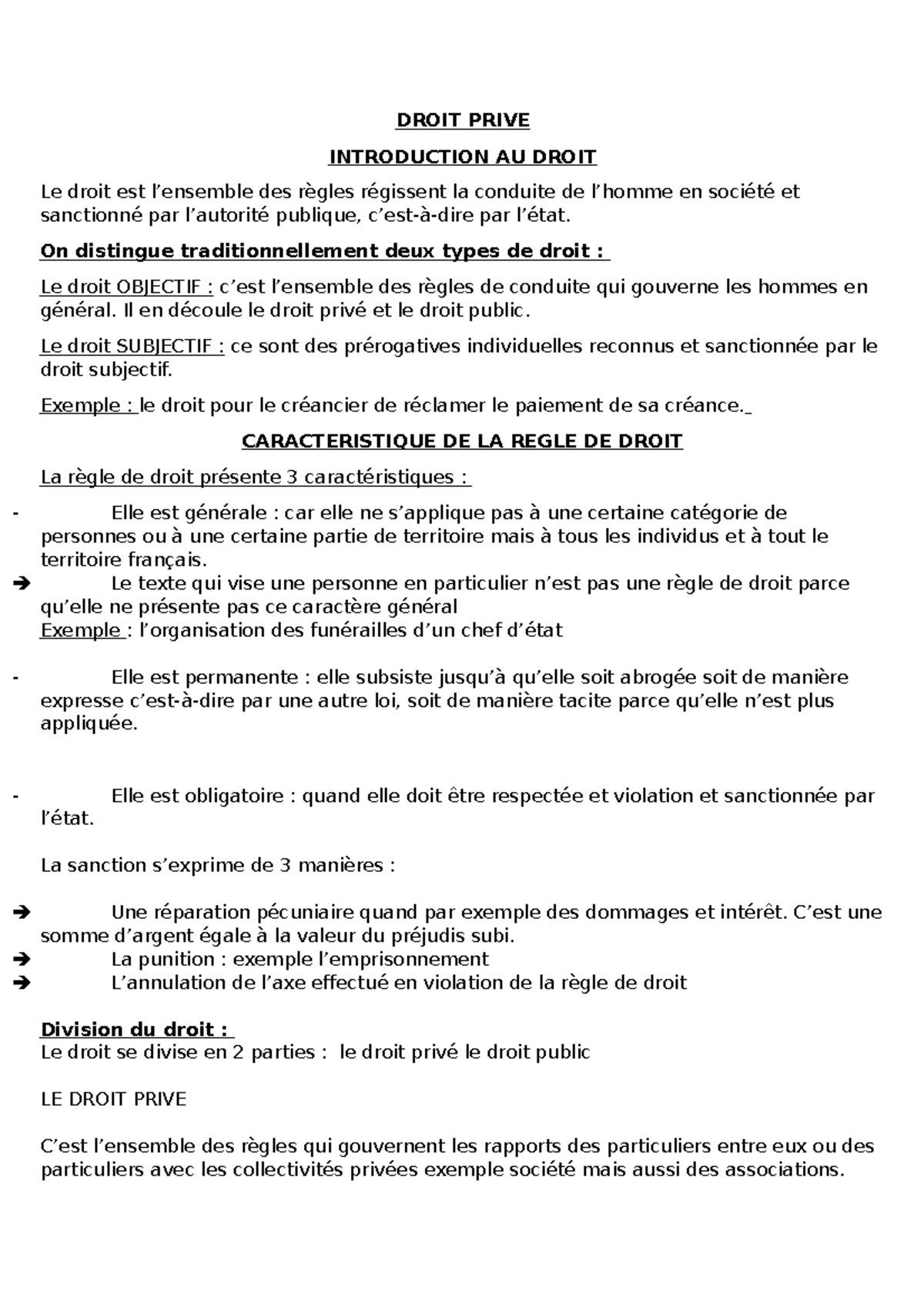 Fiche droit prive - DROIT PRIVE INTRODUCTION AU DROIT Le droit est l ...