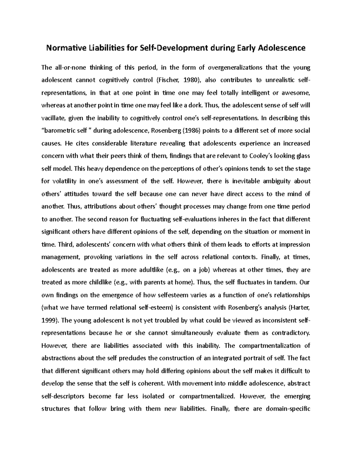 Normative Liabilities for Self-Development during Early Adolescence ...