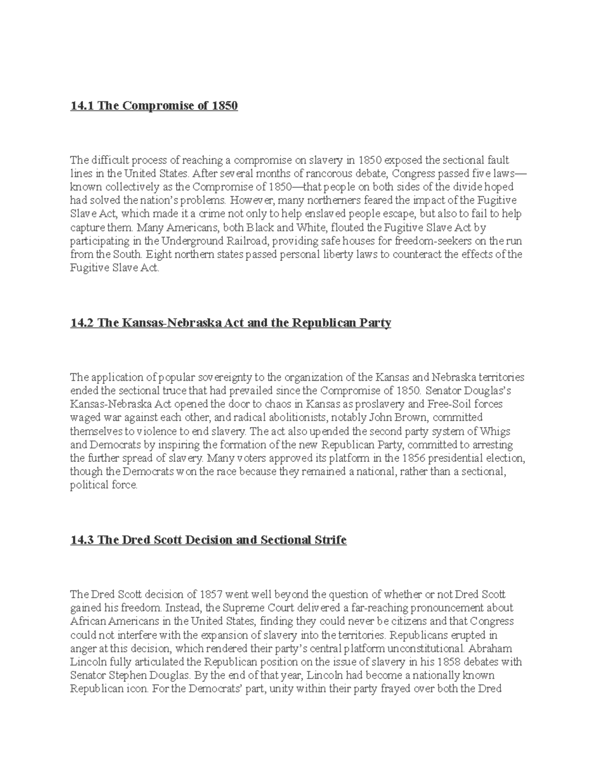 US History Chapter 14 Summary - 14 The Compromise of 1850 The difficult ...