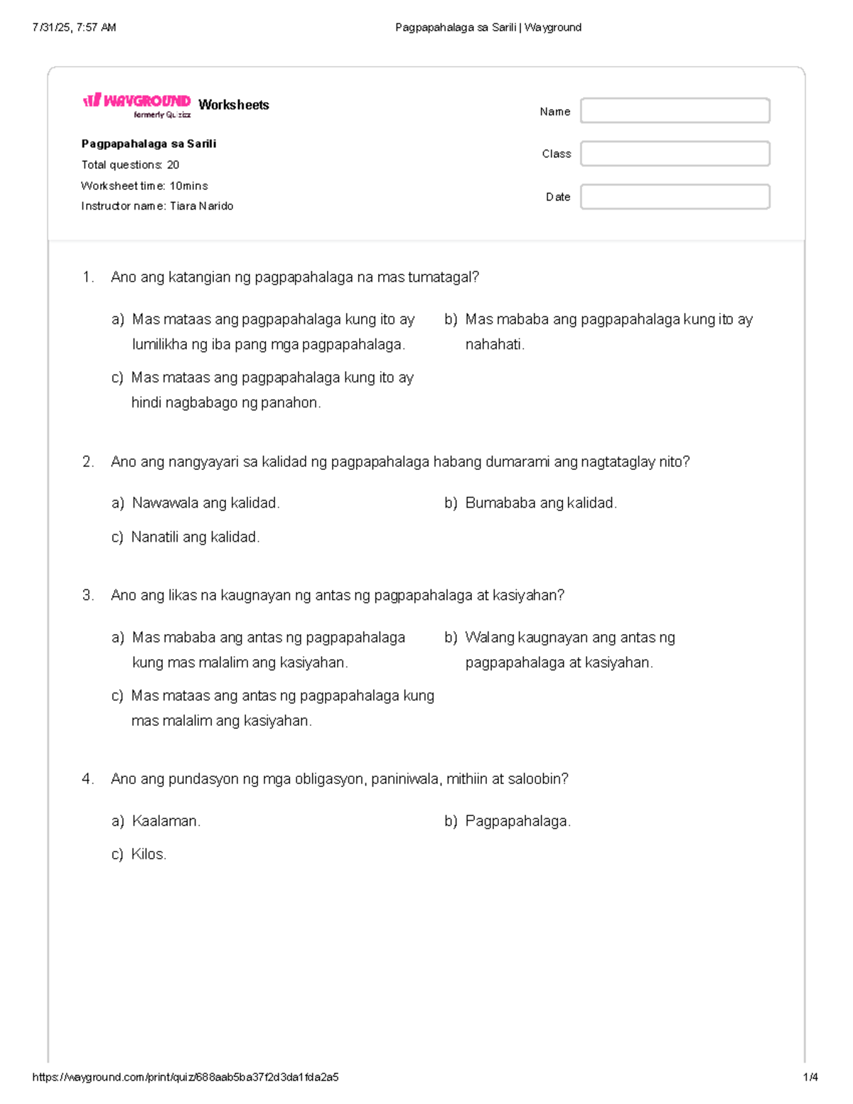 Pagpapahalaga sa Sarili Worksheets (Class: Pagpapahalaga) - Studocu