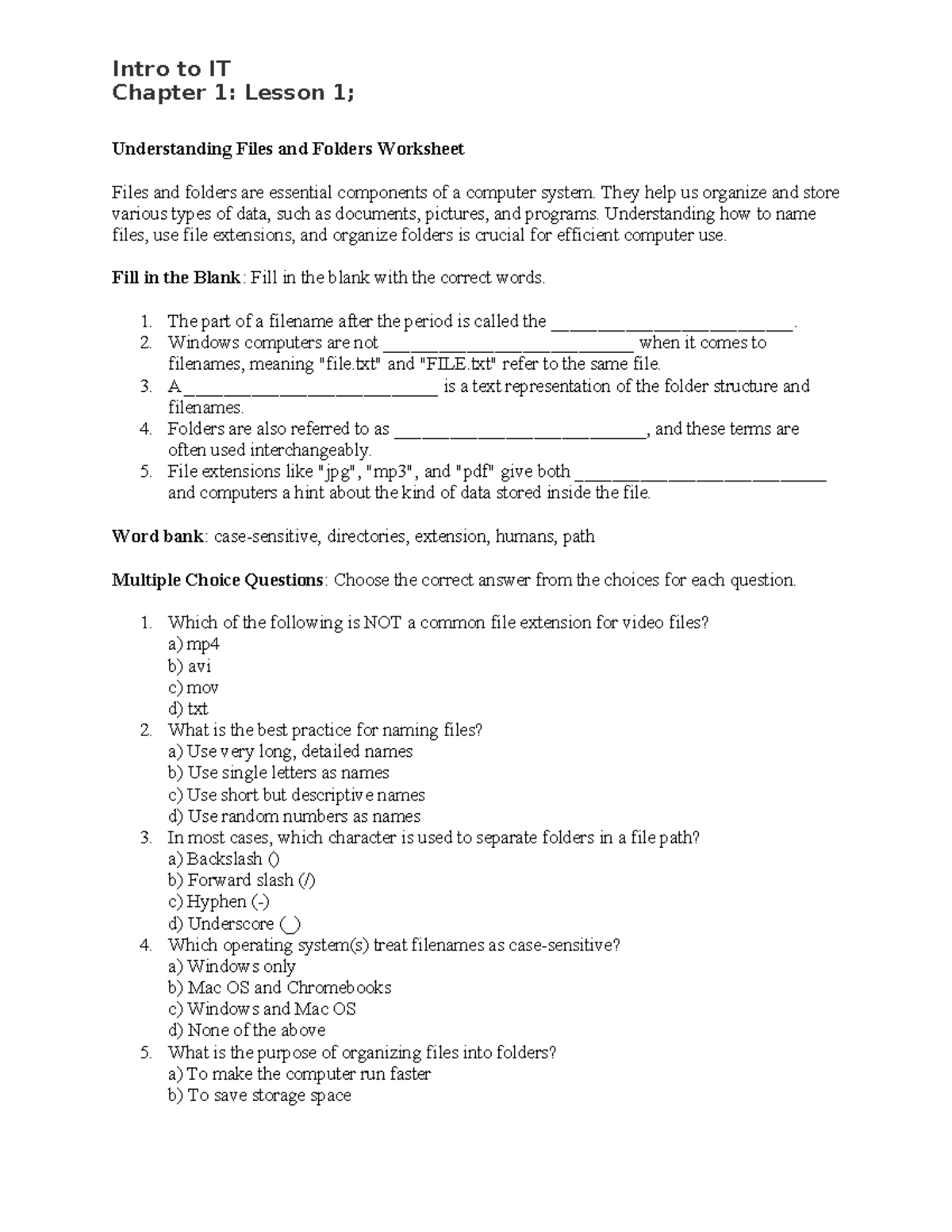 IT101: Chapter 1 Lesson 1 - Understanding Files and Folders Worksheet ...