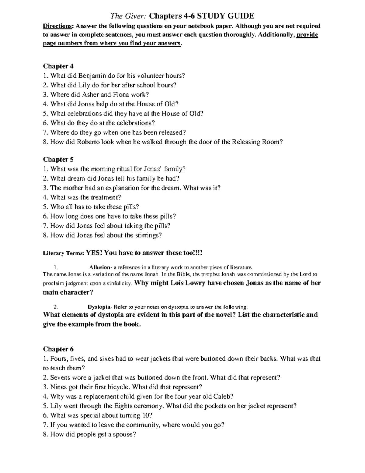 The Giver Study Guide: In-Depth Analysis of Chapters 4-6 - Studocu