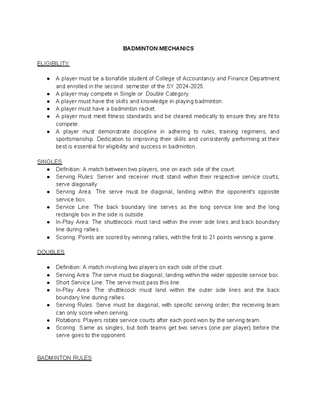 CAF BADMINTON MECHANICS - BADMINTON MECHANICS ELIGIBILITY A player must ...