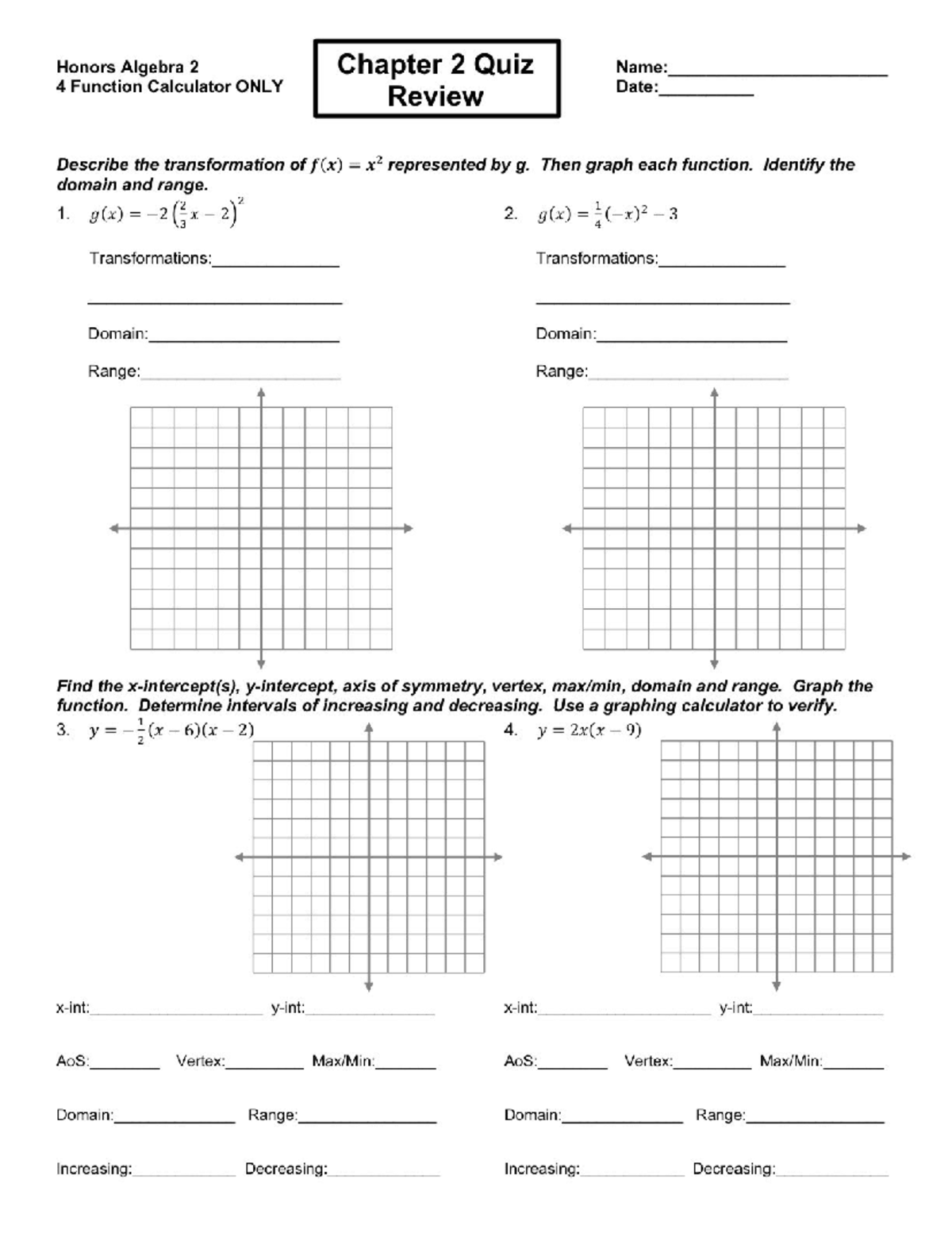 Chapter 2 (Graphing Quadratics) - Quiz Review 2 - Studocu