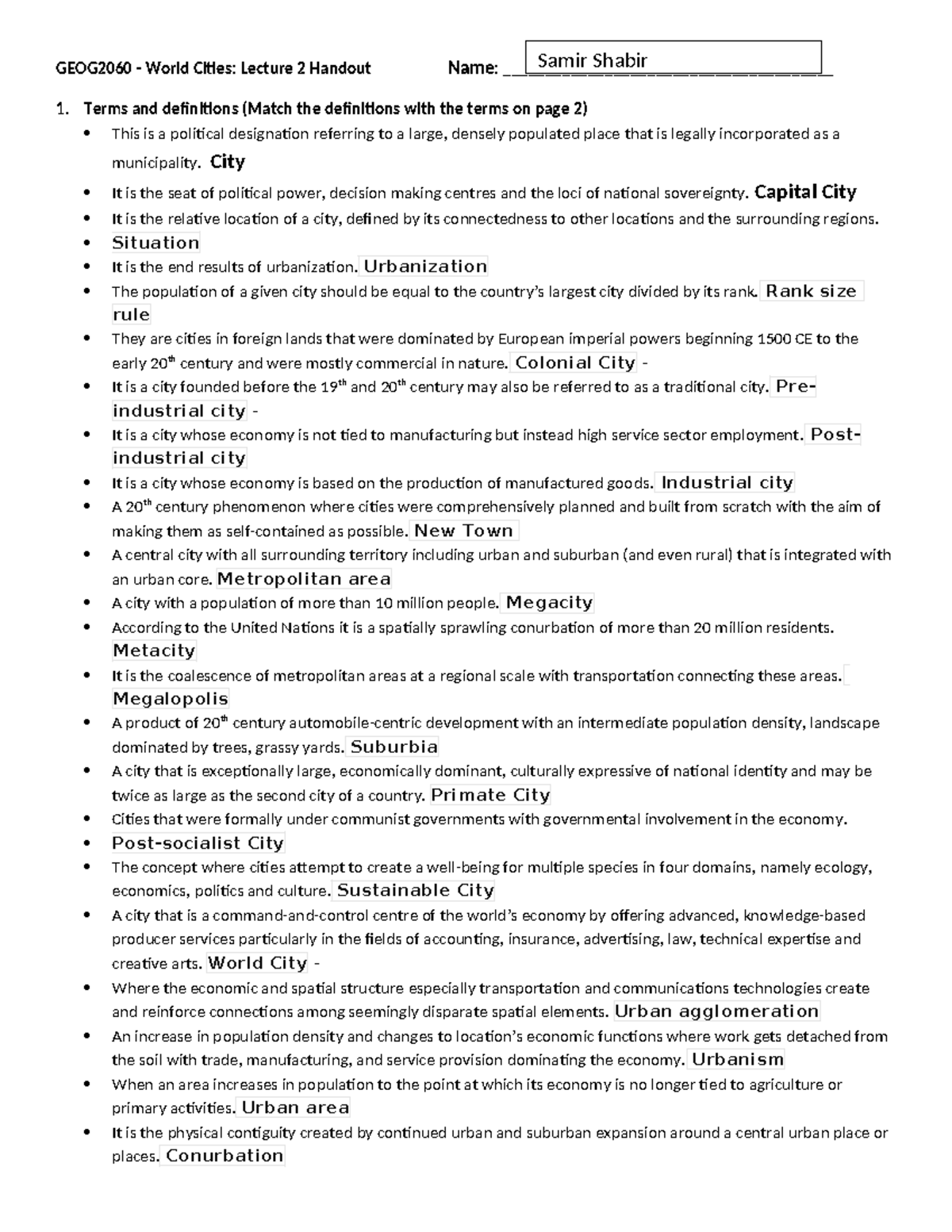 Lecture 2 Handout - GEOG2060 - World Cities: Lecture 2 Handout Name: - Studocu