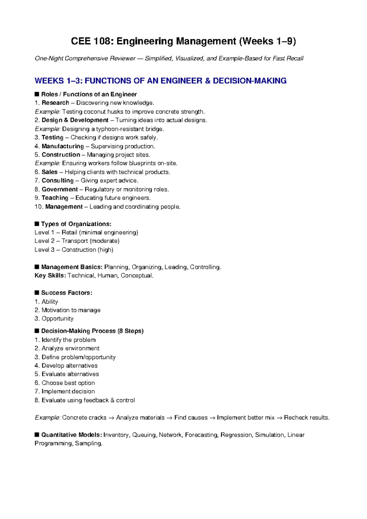 CEE 108: Comprehensive Engineering Management Review Guide - Studocu