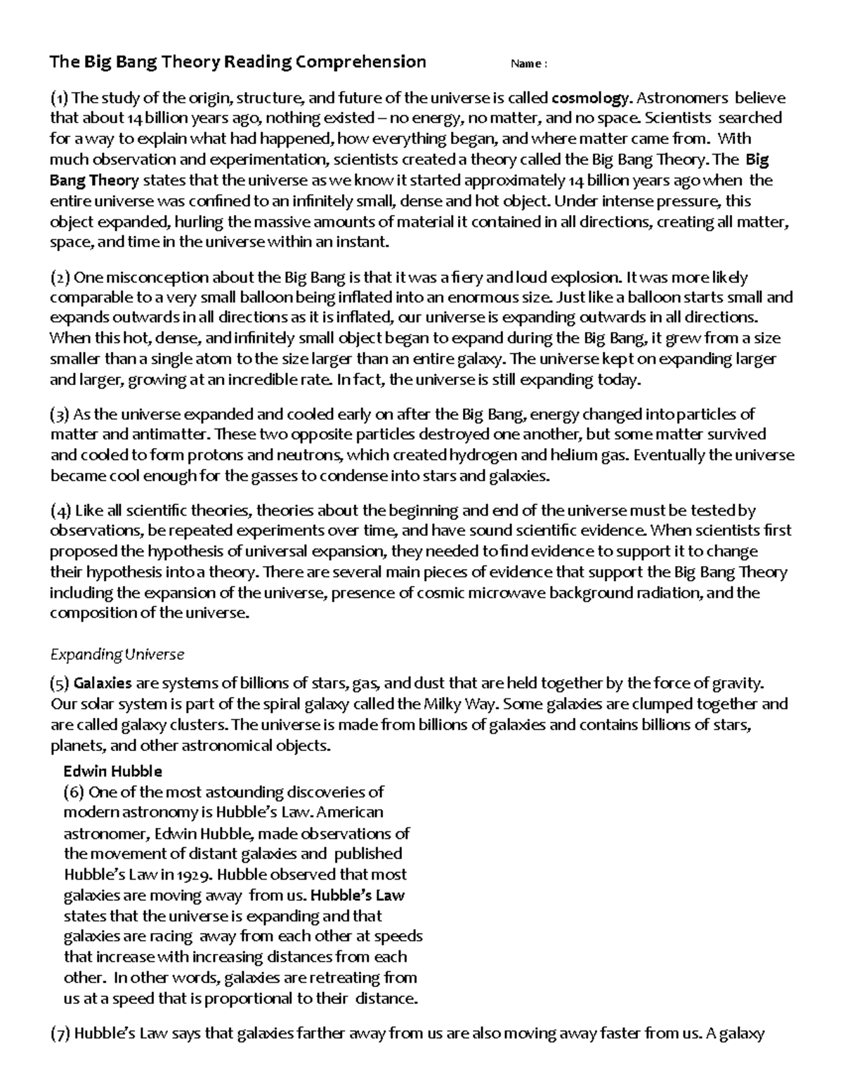 Big Bang Theory Reading Comprehension: Exploring the Universe's Origins ...