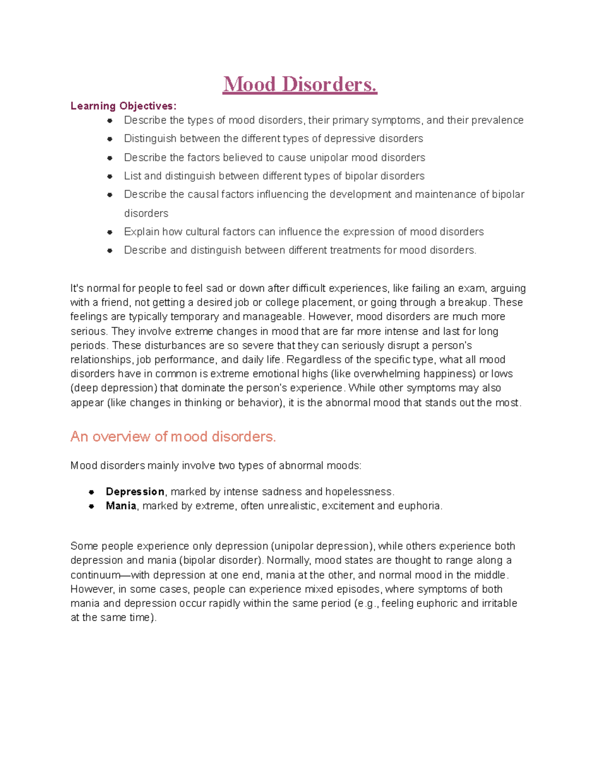 Mood Disorders (PSY 101): Types, Symptoms, Causes, and Treatments - Studocu