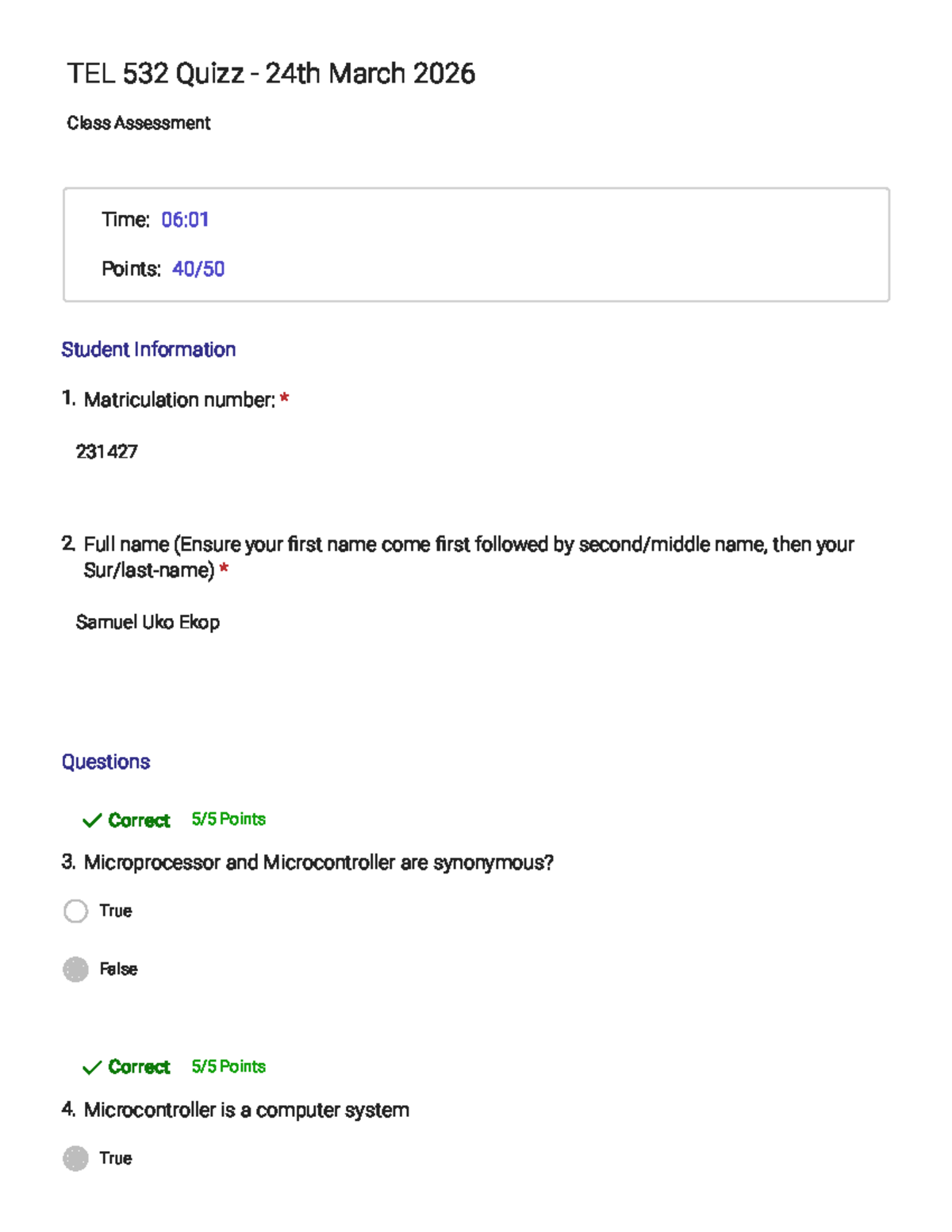 TEL 532 Quiz - Class Assessment on Microprocessors and Microcontrollers ...